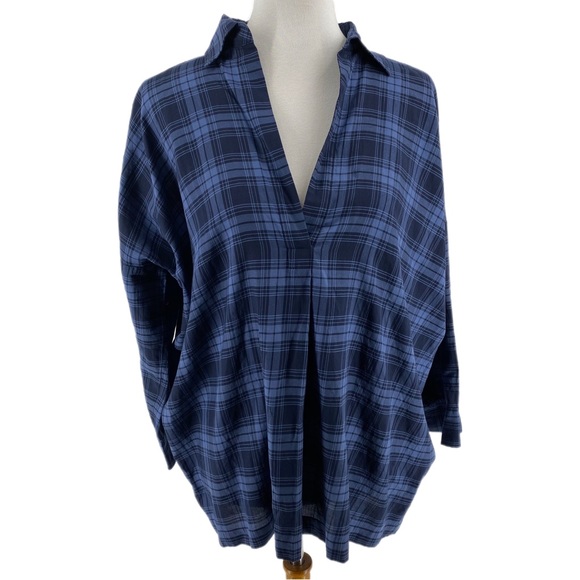 Vince | Tops | Vince Coastal Blue Plaid Oversized Vneck Blouse Top ...